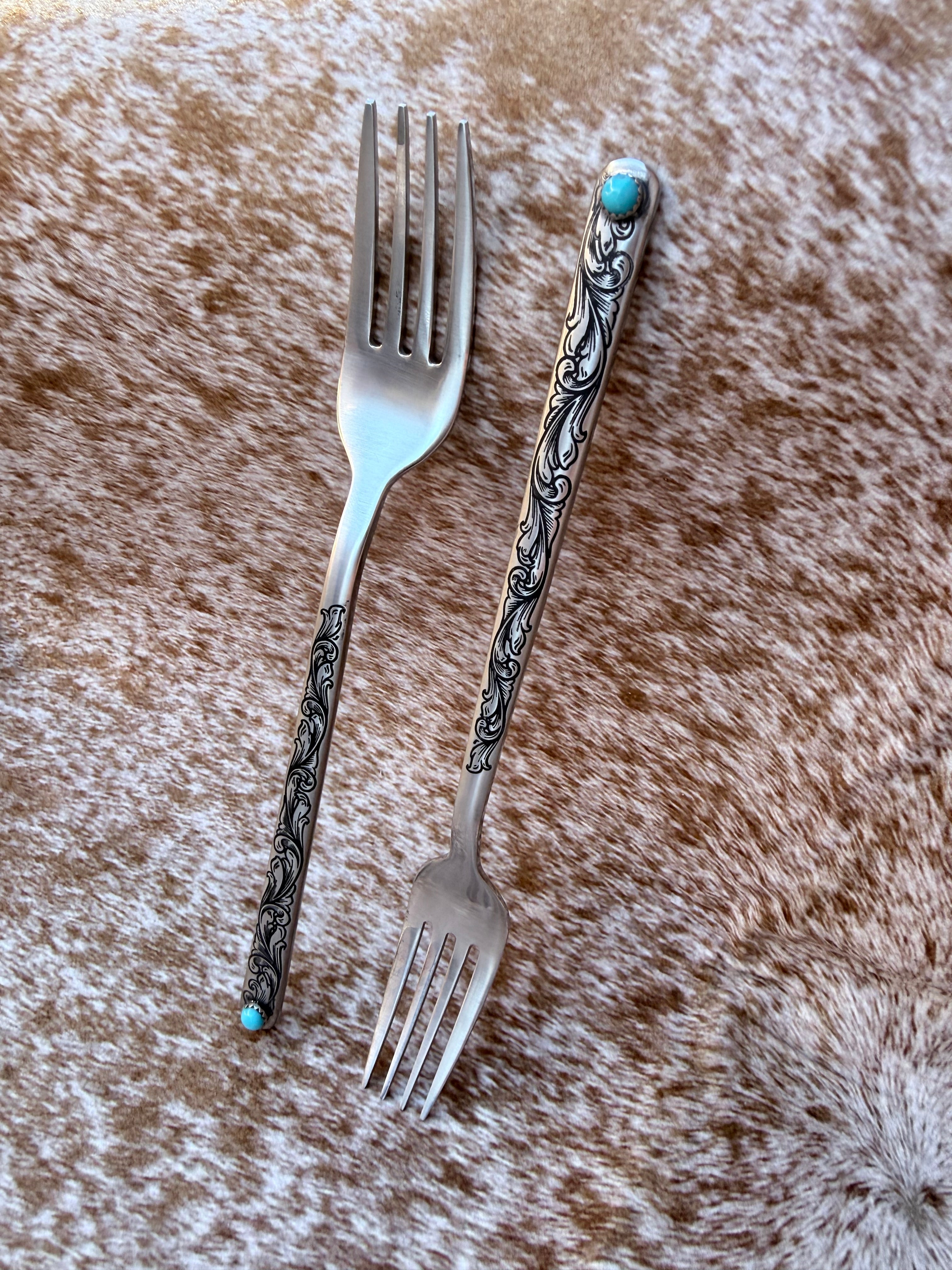 Wedding Cake Forks - Genuine Turquoise Engraved Fork Set | Ready to Sh ...